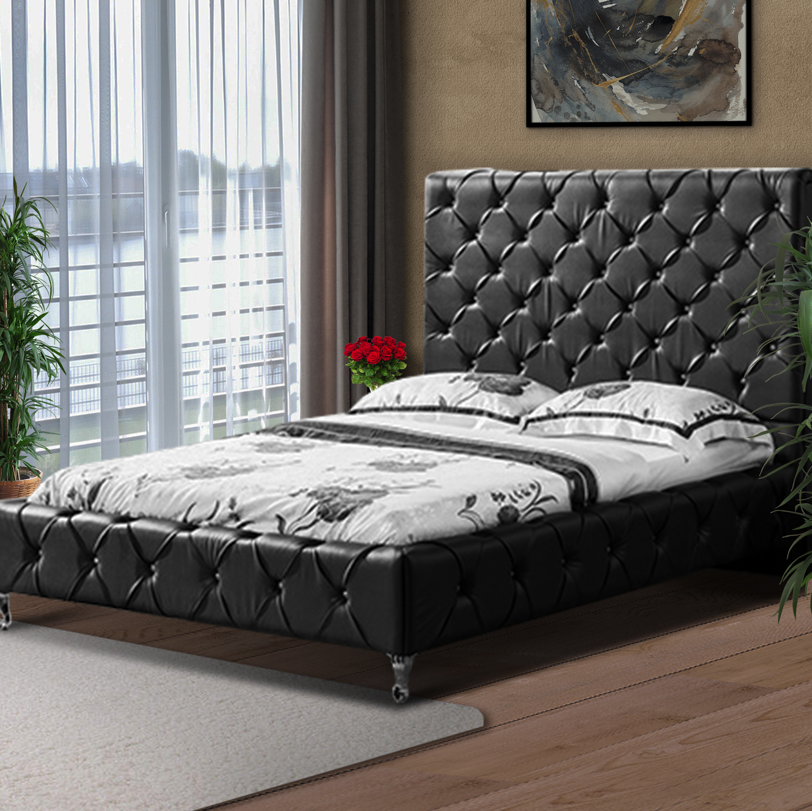 Queen Size Bed Frame in Black Faux Leather Crystal Tufted High Bedhead ...