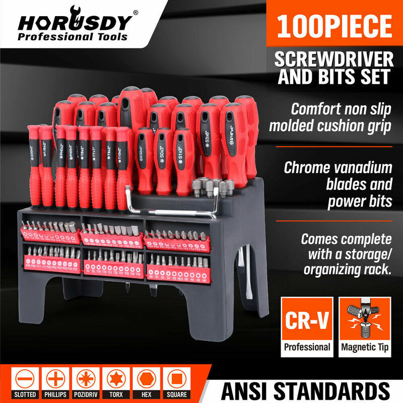 100Pc Screwdriver Set Ratchet Handle Socket Slot Pozi Hex Star Square ...