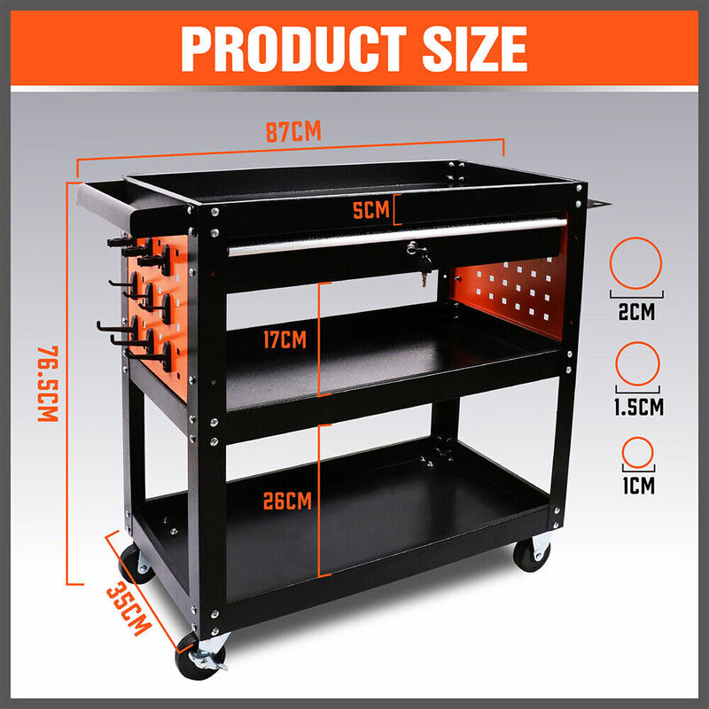 3-Tier Drawer Tool Storage Trolley Workshop Cart Steel Chest w/t ...