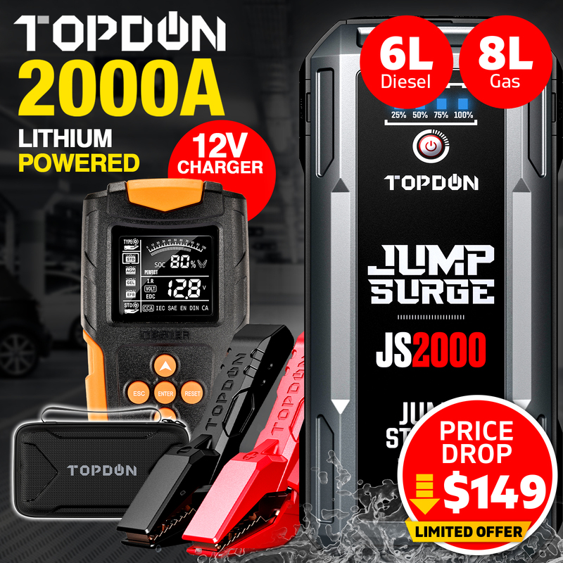 TOPDON Car Jump Starter Booster 12V Battery Tester Charger Power Bank ...