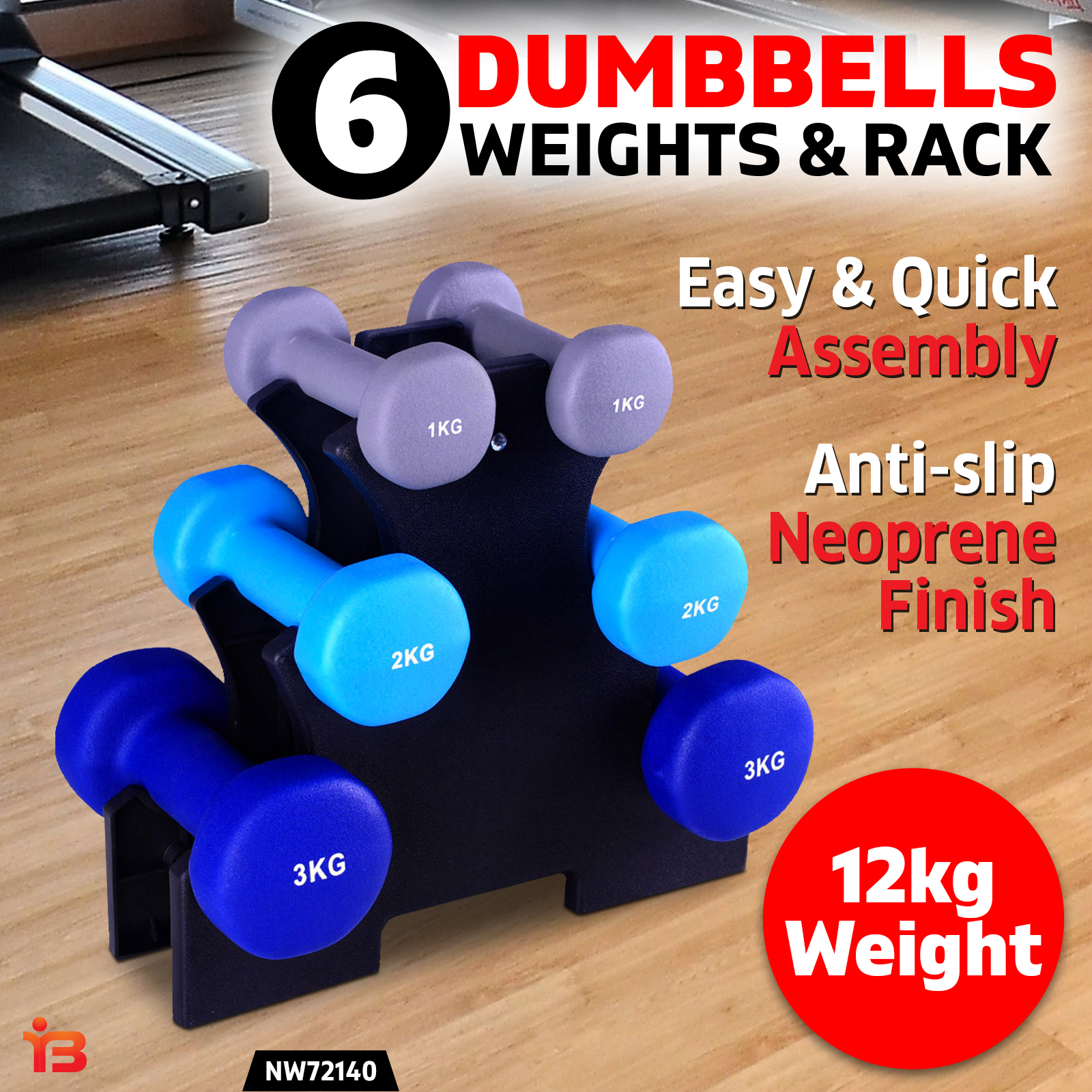 6 Piece Fitness Dumbbell Workout Weights Set 12kg with Stand Exercise ...